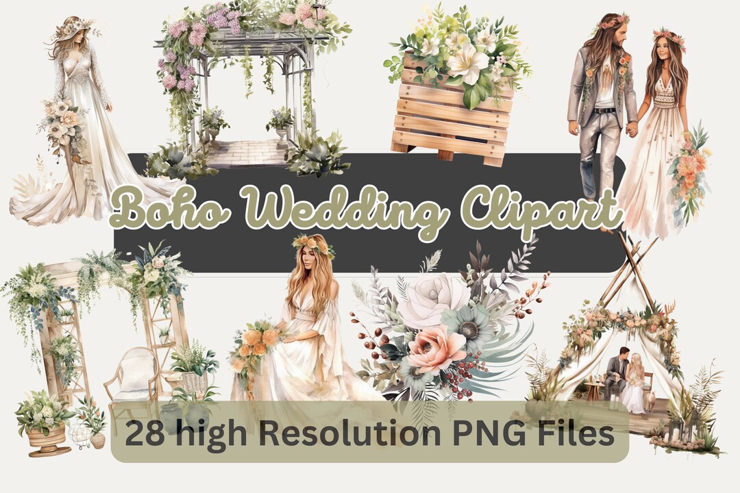 Boho Wedding Clipart Watercolor Graphics for Digital Paper ...