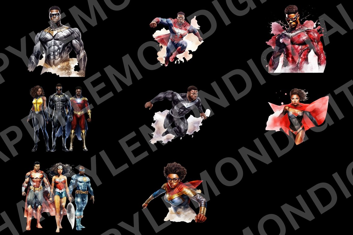 Watercolor Superhero Clipart Bundle Black Super Hero Birthday Party ...