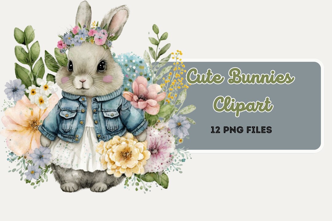 Cute Bunny Clipart Bundle, Bunny With Flowers PNG Spring Nursery Art ...