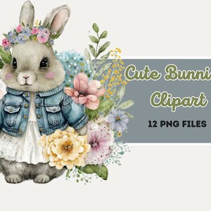 Cute Bunny Clipart Bundle, Bunny With Flowers PNG Spring Nursery Art ...