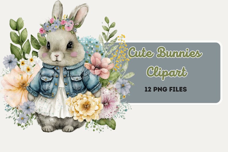 Cute Bunny Clipart Bundle, Bunny With Flowers PNG Spring Nursery Art ...