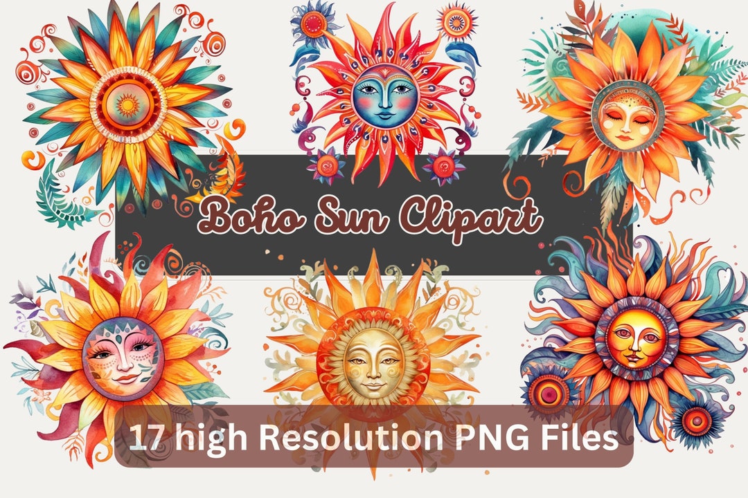 Watercolor Boho Sun Clipart Bundle Sun PNG Spring, Summer Clip Art ...