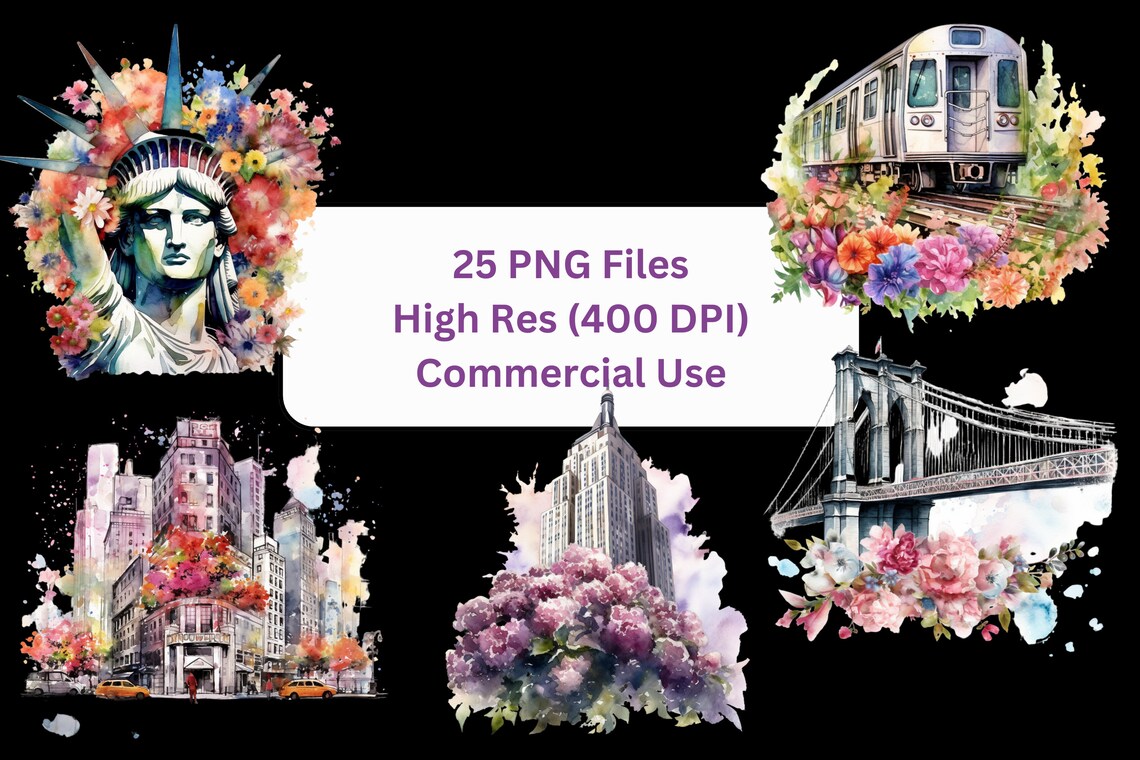 New York Watercolor Clipart Bundle, Spring Floral Pngs for Digital Art ...