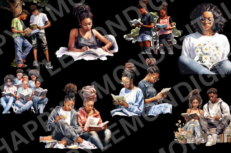 Watercolor Black Kids Reading Clipart Bundle Book Lover Art Black Girl ...
