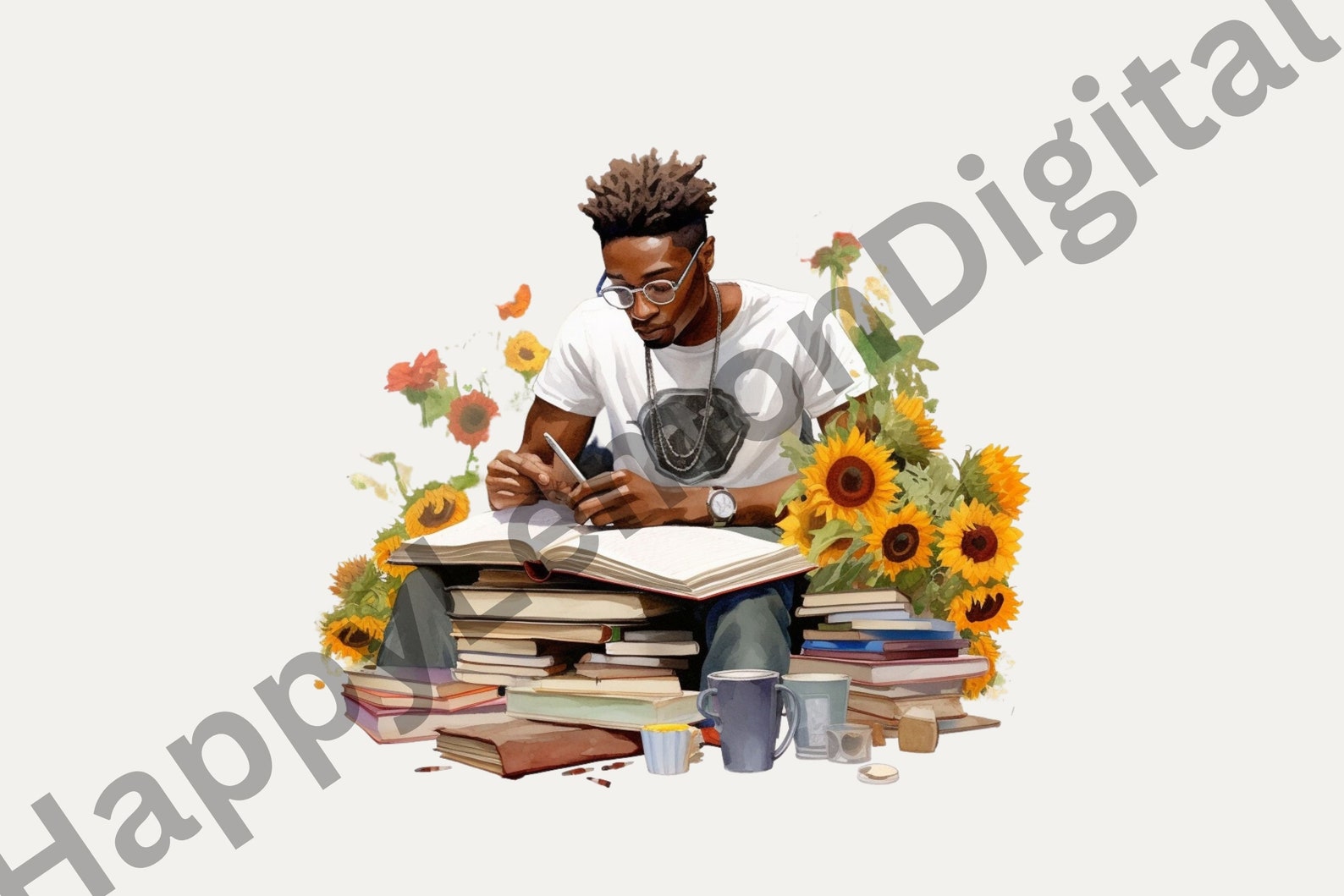 Watercolor Black Boys Reading Clipart Book Lover Art Black Boy Clipart ...