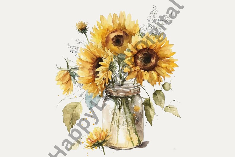 Sunflower Watercolor Clipart Bundle Digital Wall Art Floral - Etsy