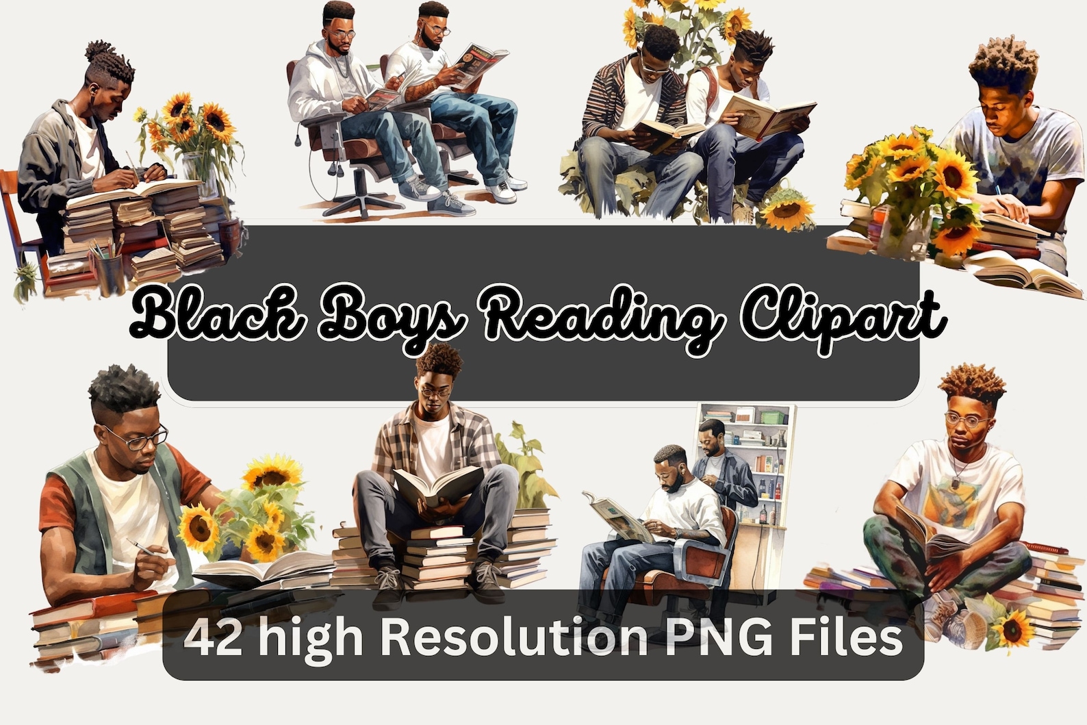 Watercolor Black Boys Reading Clipart Book Lover Art Black Boy Clipart ...