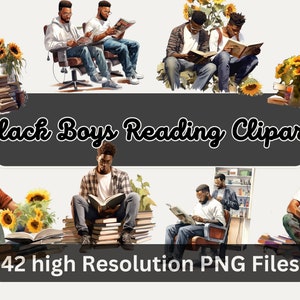Watercolor Black Boys Reading Clipart Book Lover Art Black Boy Clipart ...