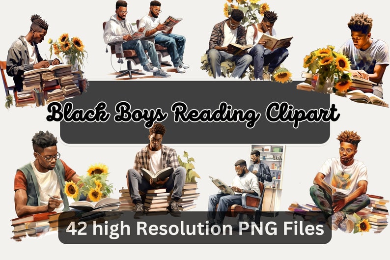 Watercolor Black Boys Reading Clipart Book Lover Art Black Boy Clipart ...