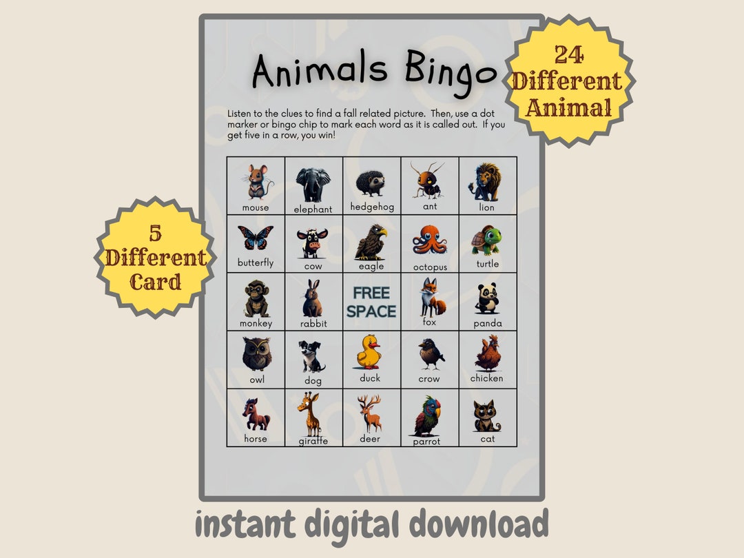 Animals Bingo Game, Printable Party Game, Summer Activities and Games ...