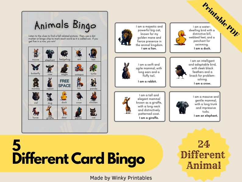 Animals Bingo Game Printable Party Game Summer Activities - Etsy