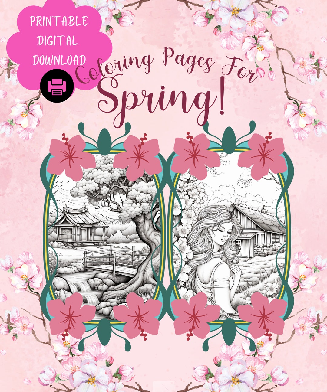 Spring Coloring Pages for Adults or Kids - 25 Pages Digital Printable ...