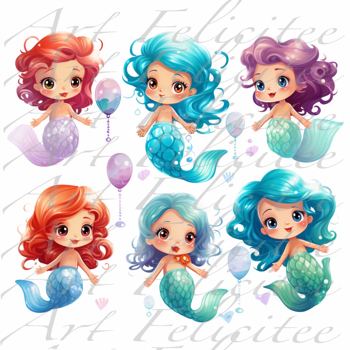 50 Mermaids Clipart, Cute Little Mermaid PNG, Baby Mermaid Wall Art ...