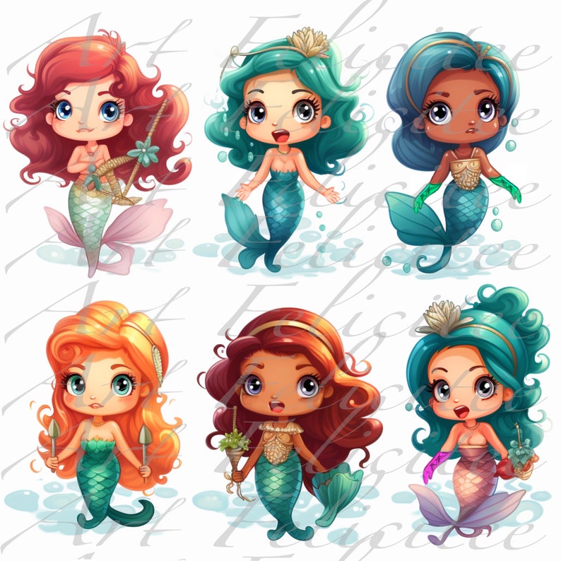 50 Mermaids Clipart, Cute Little Mermaid PNG, Baby Mermaid Wall Art ...