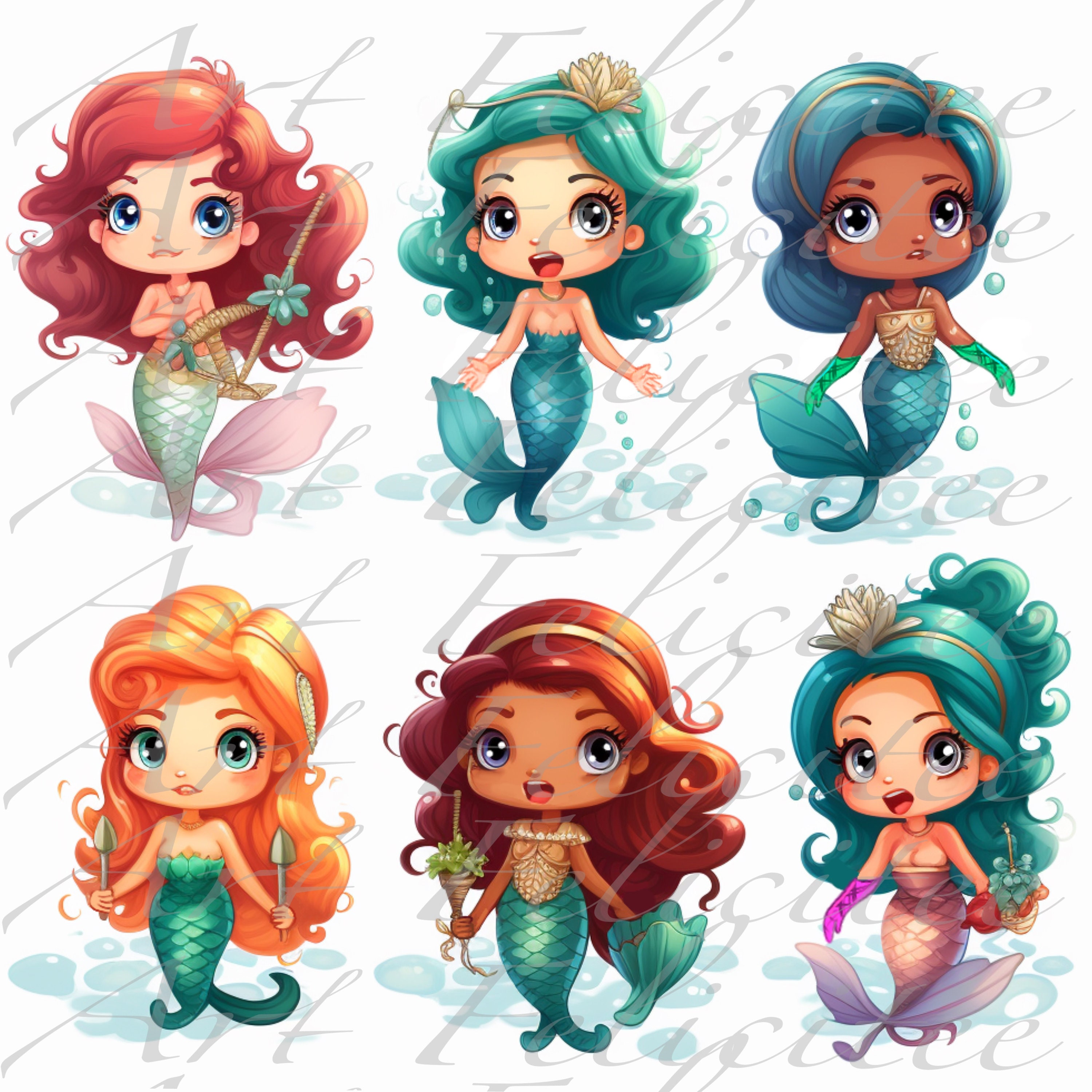 50 Mermaids Clipart, Cute Little Mermaid PNG, Baby Mermaid Wall Art ...