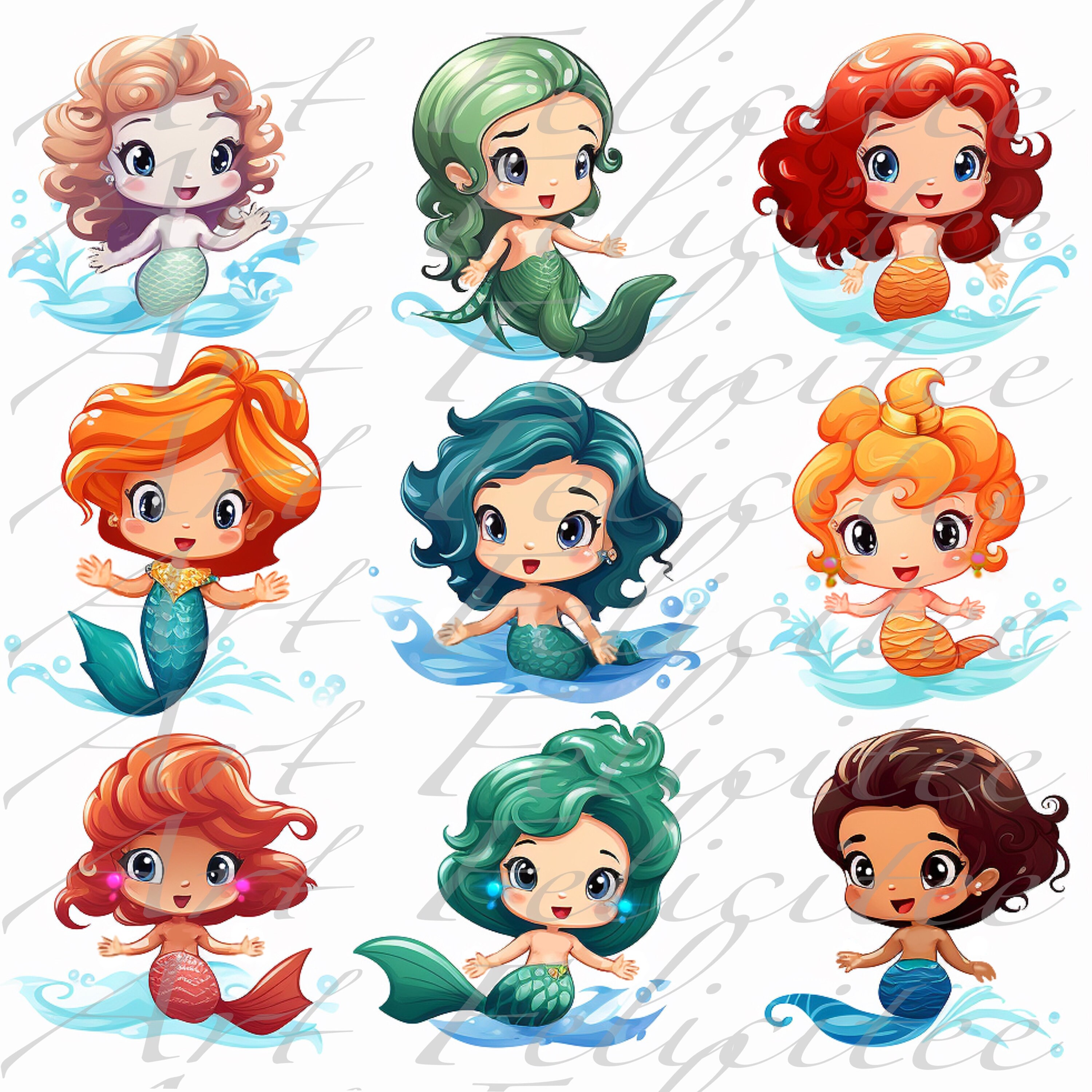 50 Mermaids Clipart, Cute Little Mermaid PNG, Baby Mermaid Wall Art ...