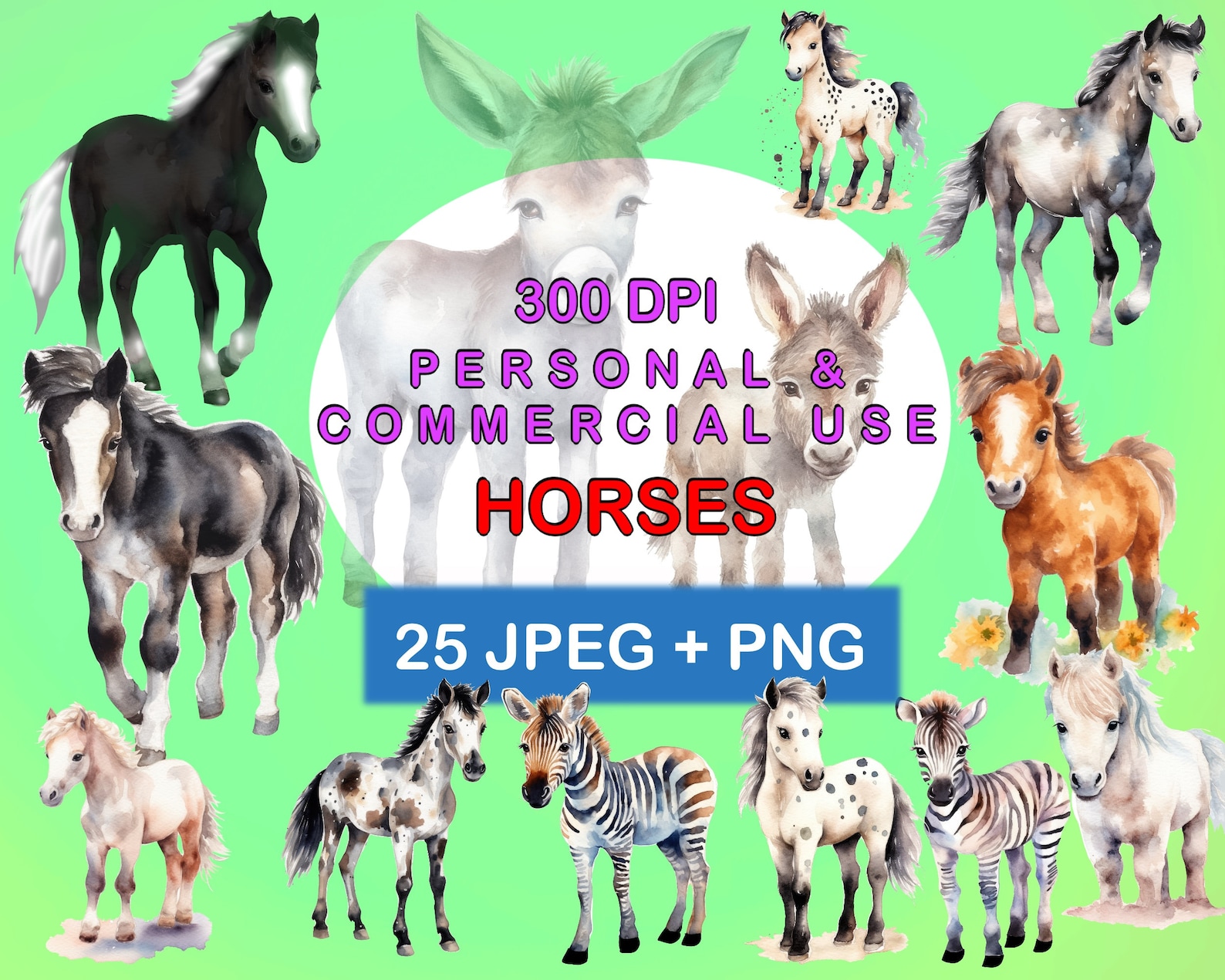 25 Watercolor Horses Clipart Bundle, Farm Horses Clipart, Commercial ...