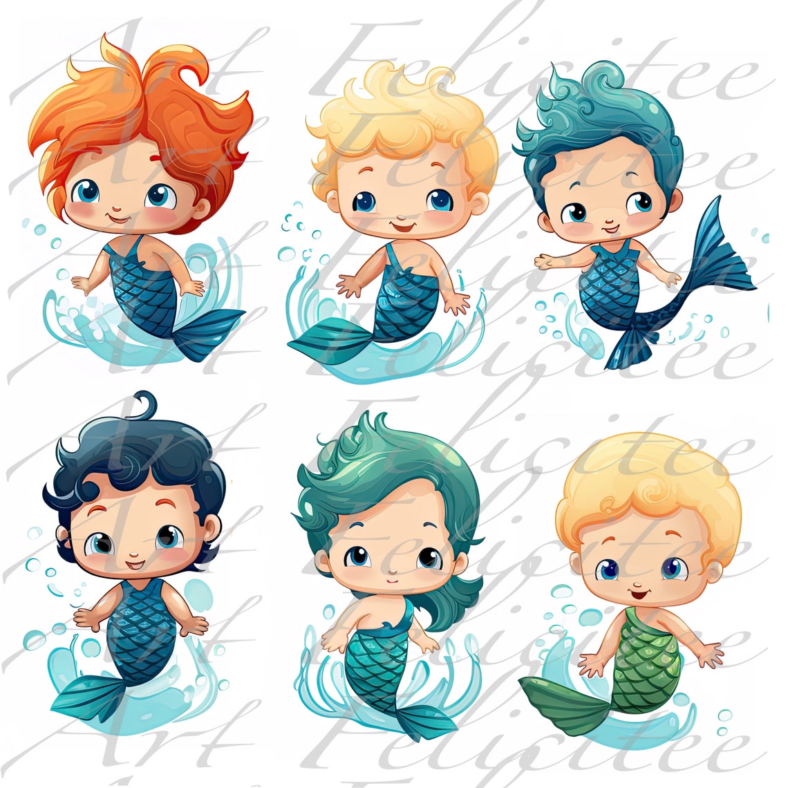 50 Mermaids Clipart, Cute Little Mermaid PNG, Baby Mermaid Wall Art ...