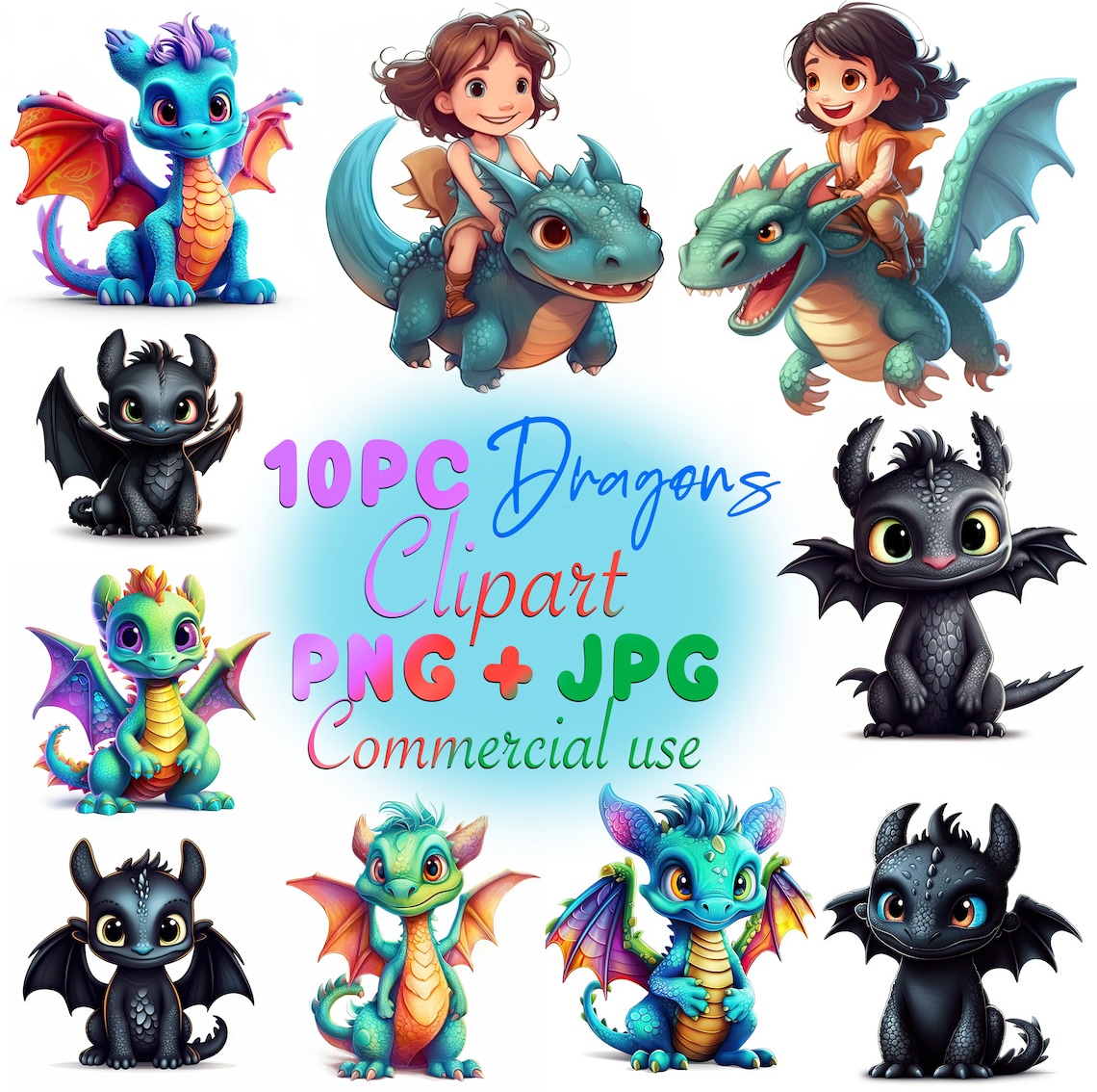 10pc Dragons Clipart Flying Dragon PNG Cute Dragon Fantasy - Etsy