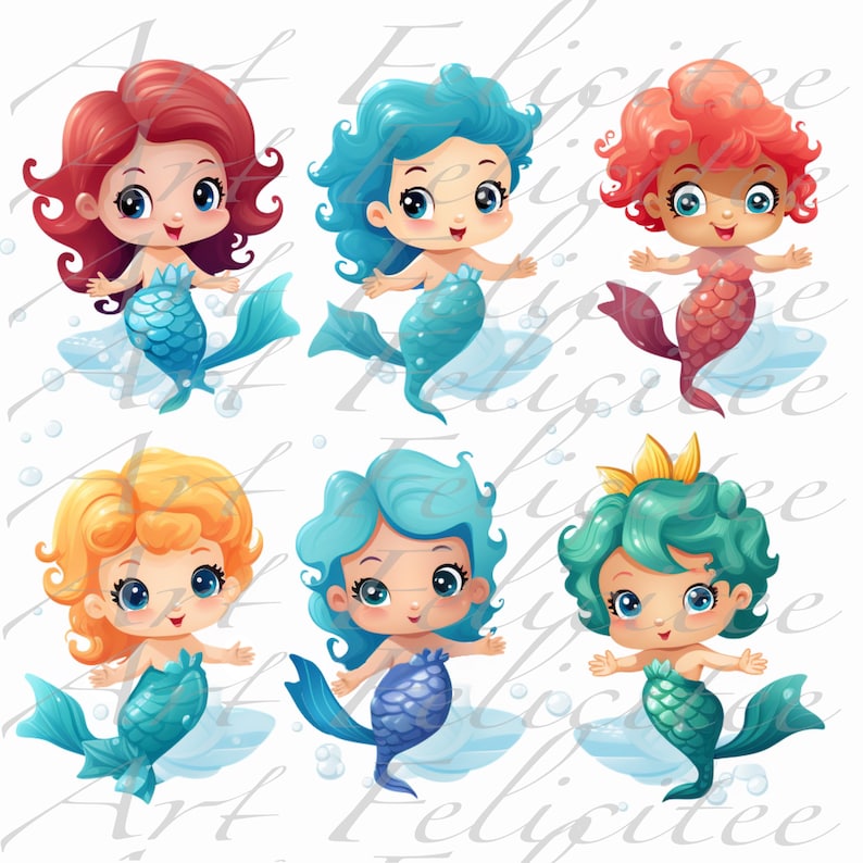 50 Mermaids Clipart, Cute Little Mermaid PNG, Baby Mermaid Wall Art ...