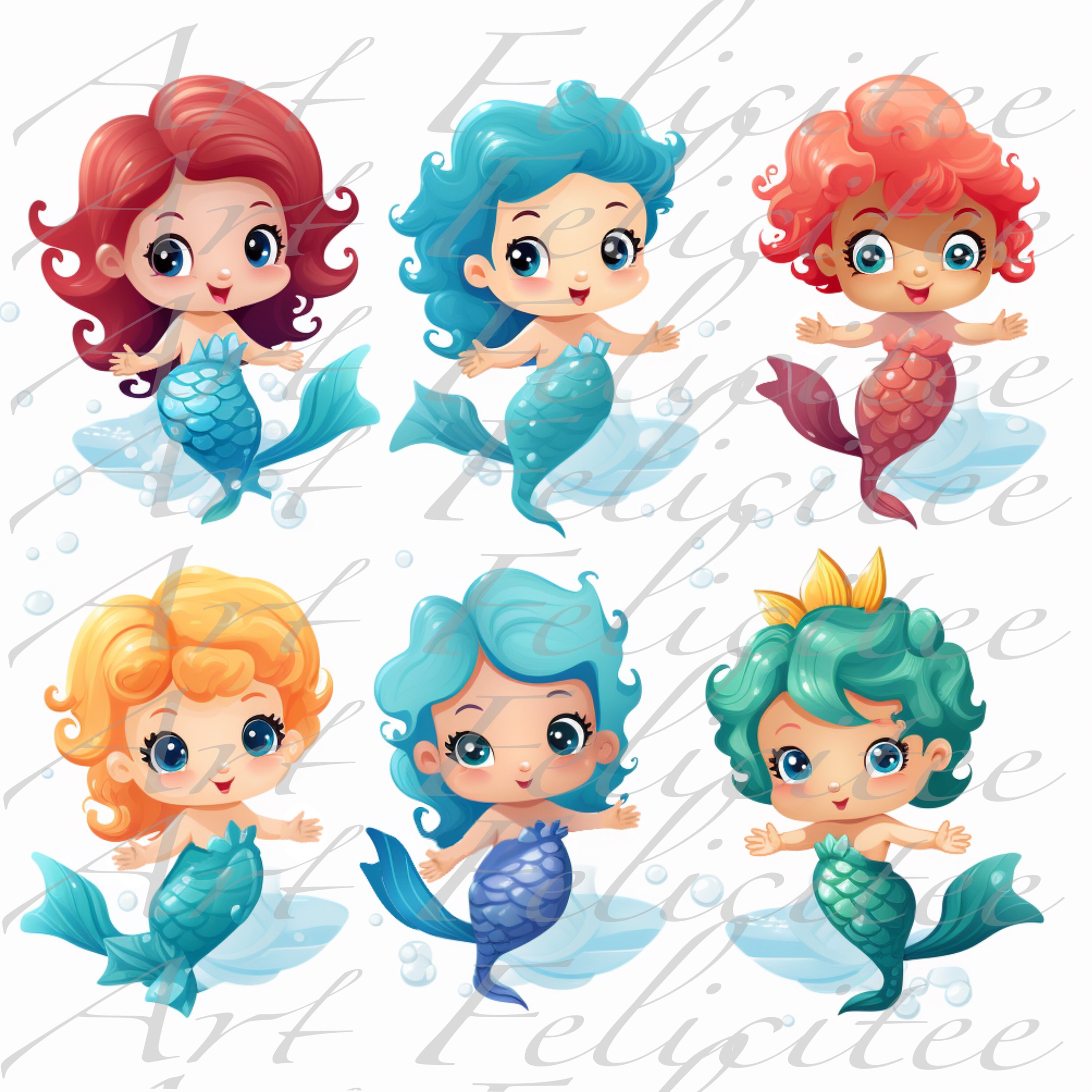 50 Mermaids Clipart, Cute Little Mermaid PNG, Baby Mermaid Wall Art ...