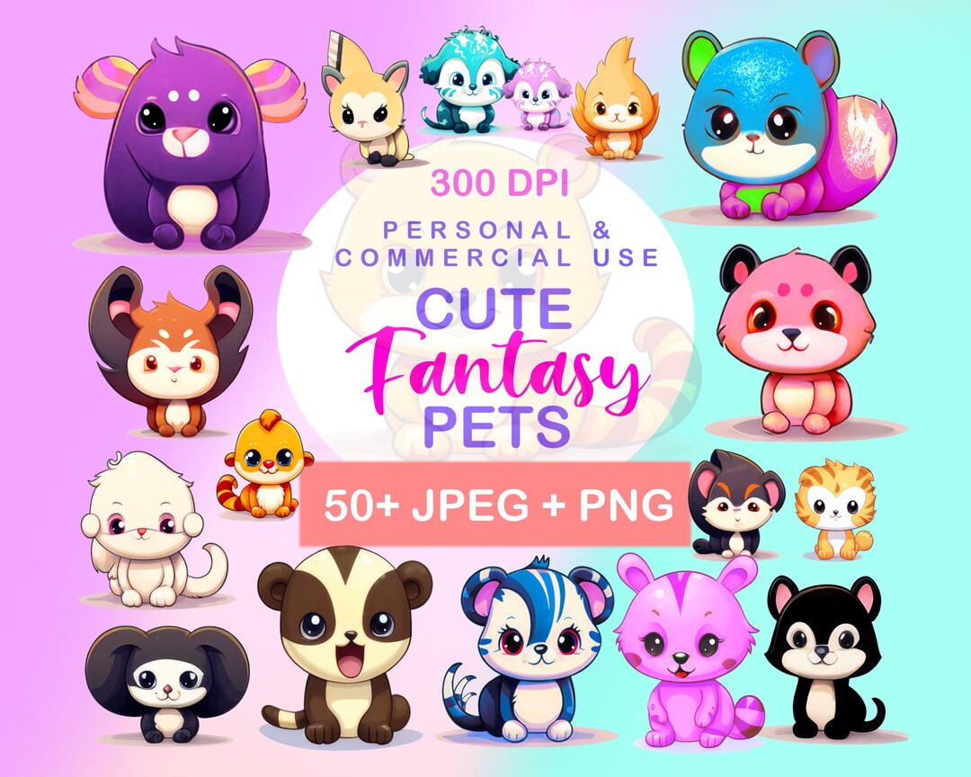 50 Fantasy Pets Clipart MEGA Bundle, Cute Animals Clipart, Commercial ...