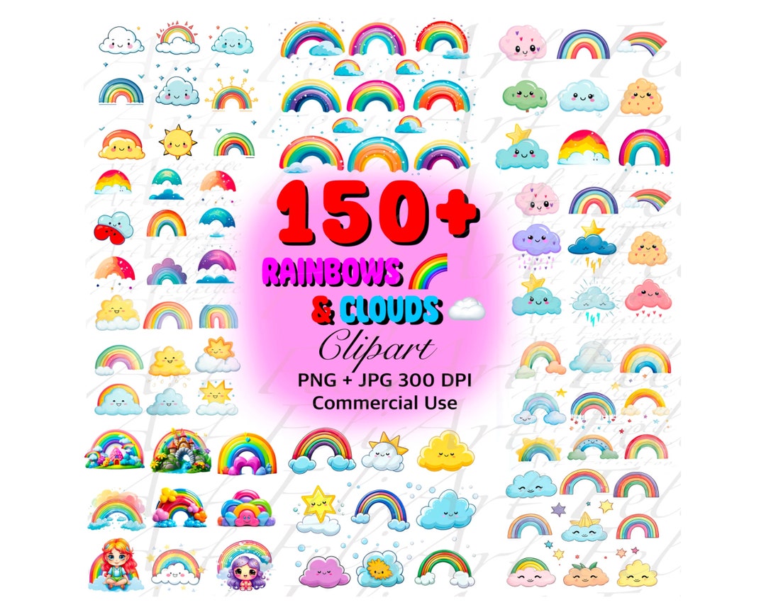 150 Rainbows Clipart Bundle, Clouds Clipart, Transparent Clipart PNG ...