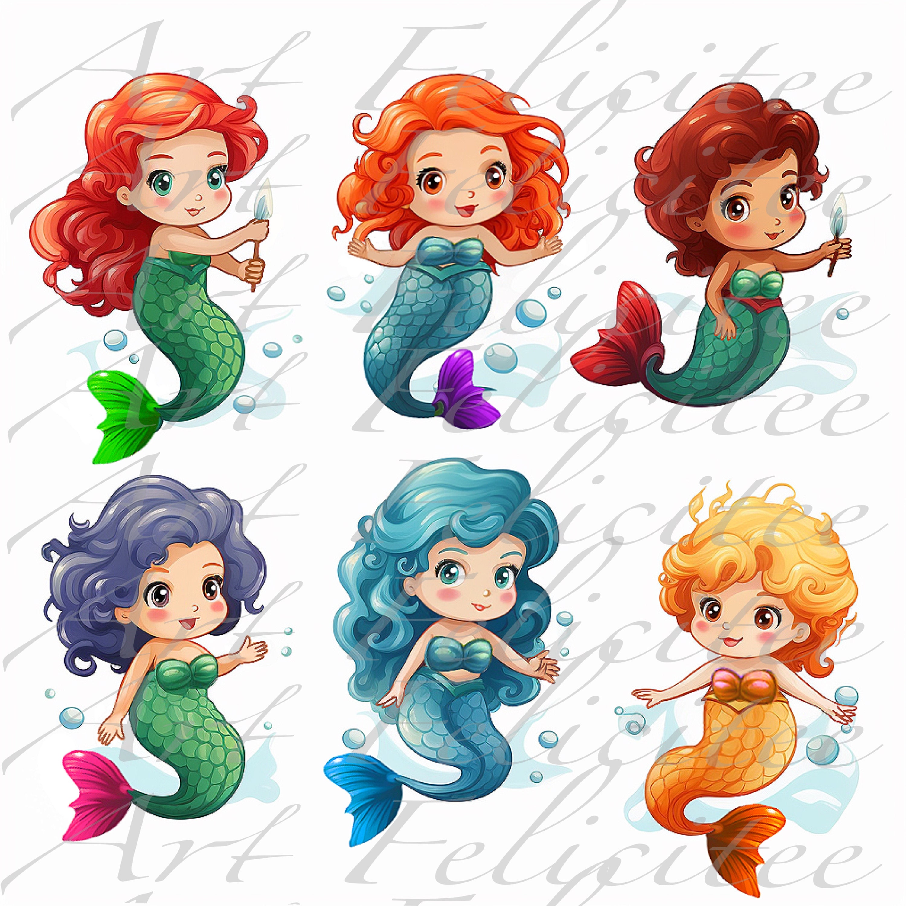 50 Mermaids Clipart, Cute Little Mermaid PNG, Baby Mermaid Wall Art ...