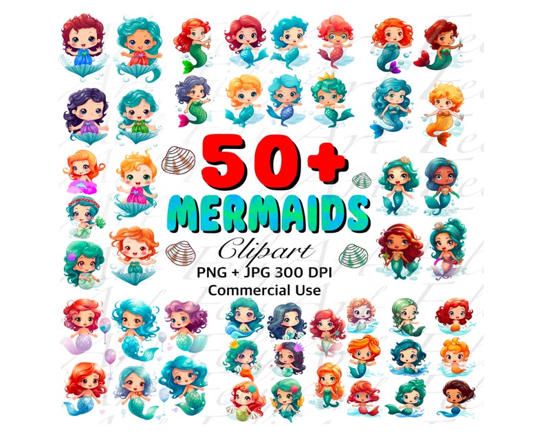 50 Mermaids Clipart, Cute Little Mermaid PNG, Baby Mermaid Wall Art ...