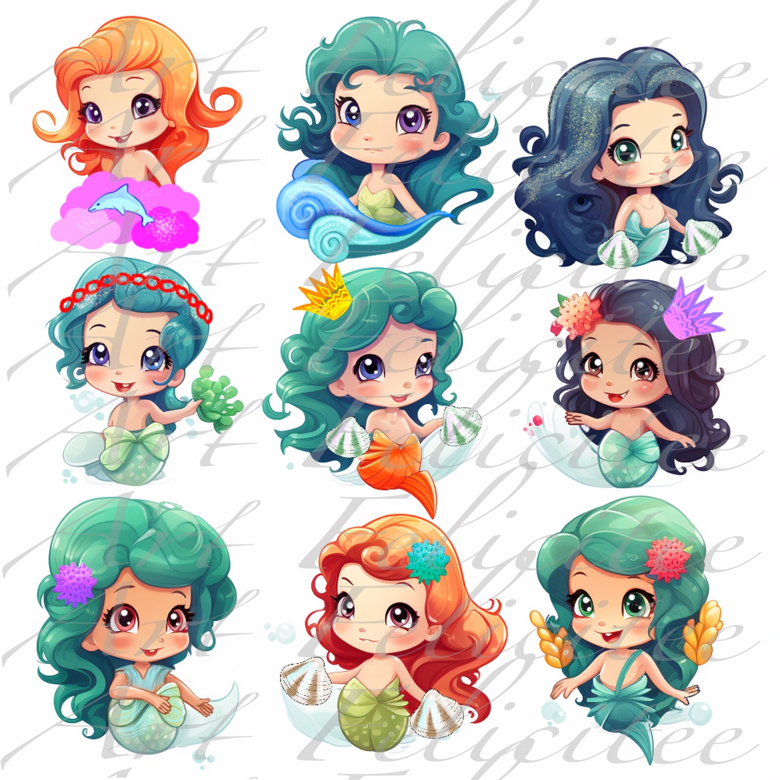 50 Mermaids Clipart, Cute Little Mermaid PNG, Baby Mermaid Wall Art ...