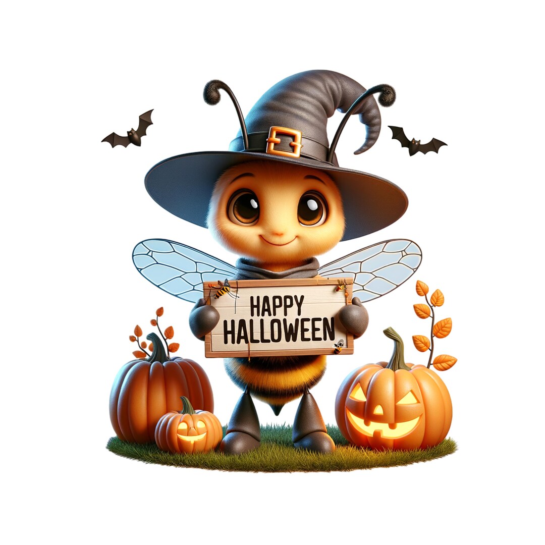 Halloween Bee Clipart Cute Bee Holding Sign Happy Halloween Pumpkin Bat ...
