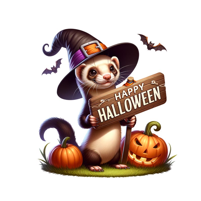 Halloween Ferret Png Cute Ferret Holding Sign Happy Halloween Pumpkin ...