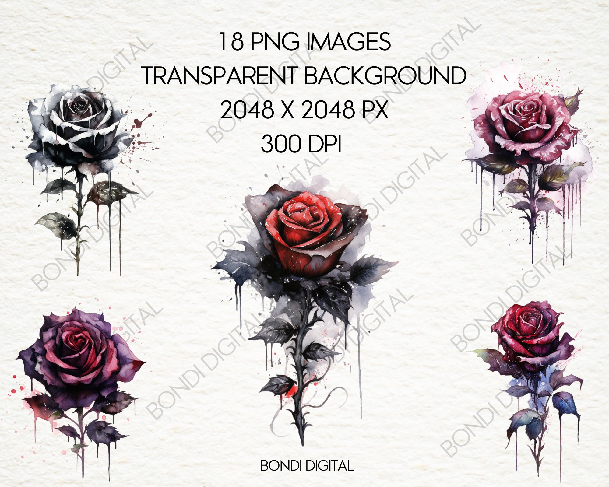 Watercolor Gothic Rose Clipart | PNG Format for Commercial Use, Instant ...