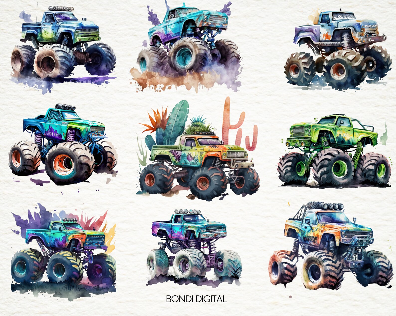 Watercolor Monster Truck Clipart | PNG Format for Commercial Use ...