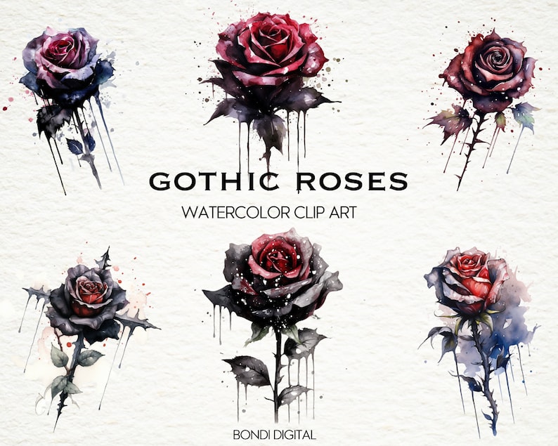 Watercolor Gothic Rose Clipart | PNG Format for Commercial Use, Instant ...