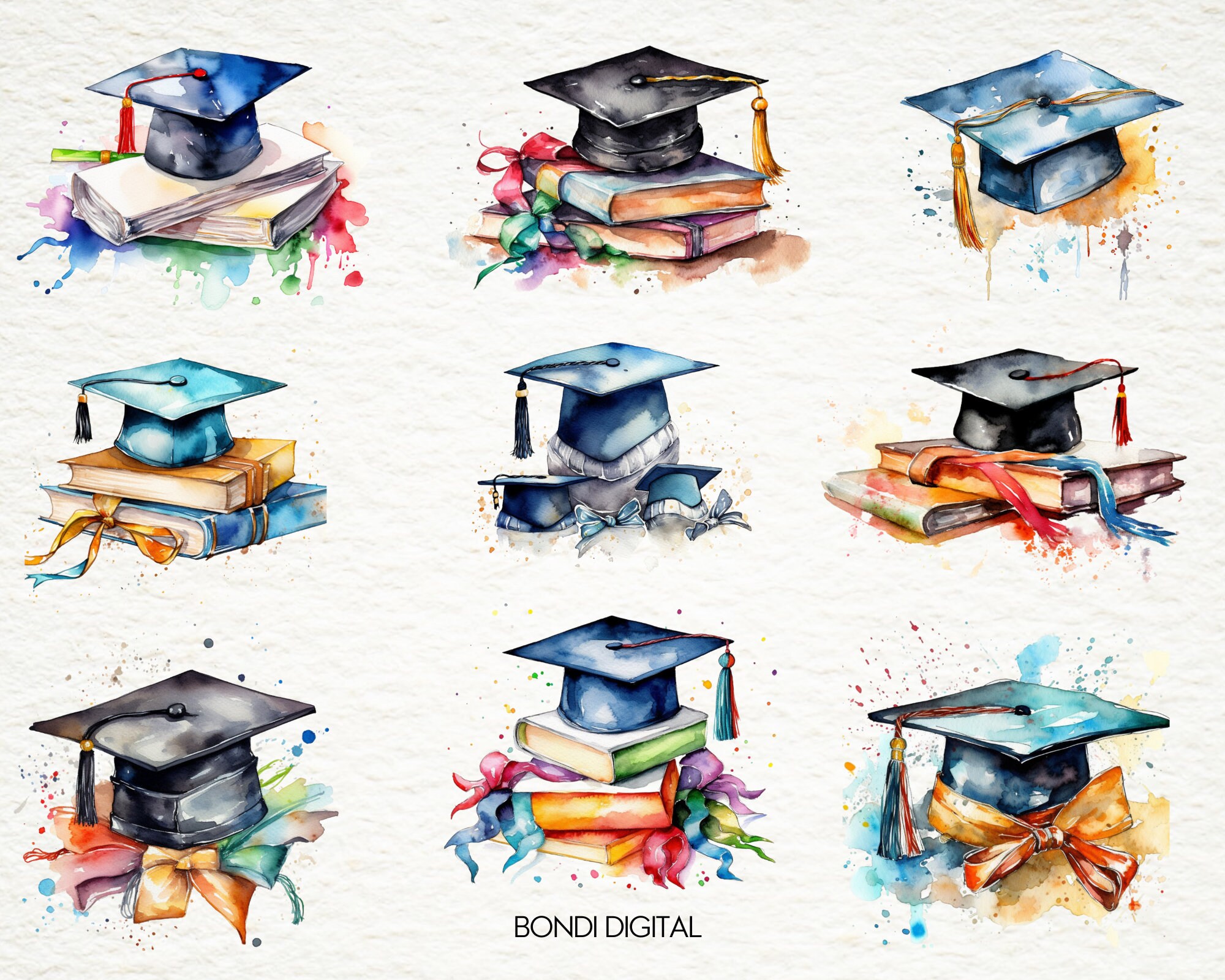 Watercolor Graduation Caps Clipart | PNG Format for Commercial Use ...