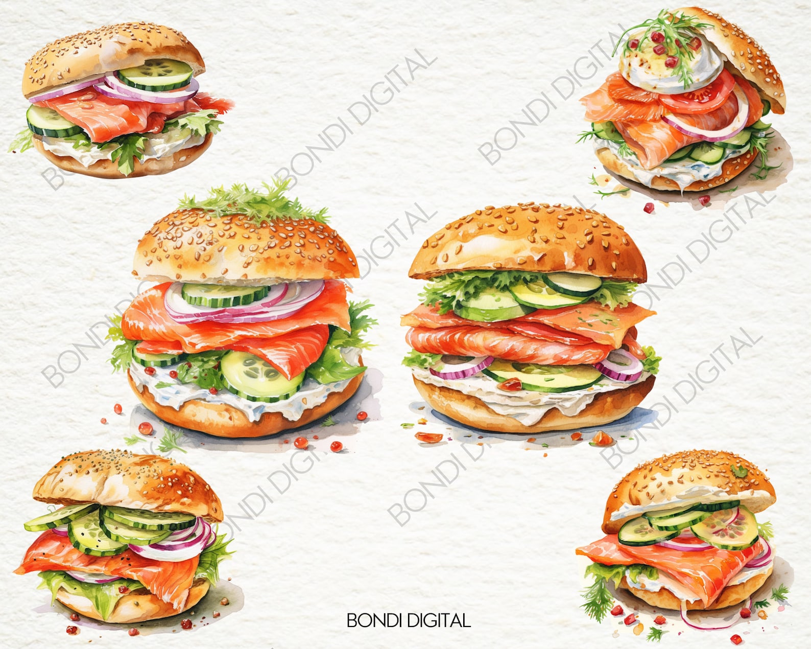 Watercolor New York Bagel and Lox Clipart | PNG Format for Commercial ...