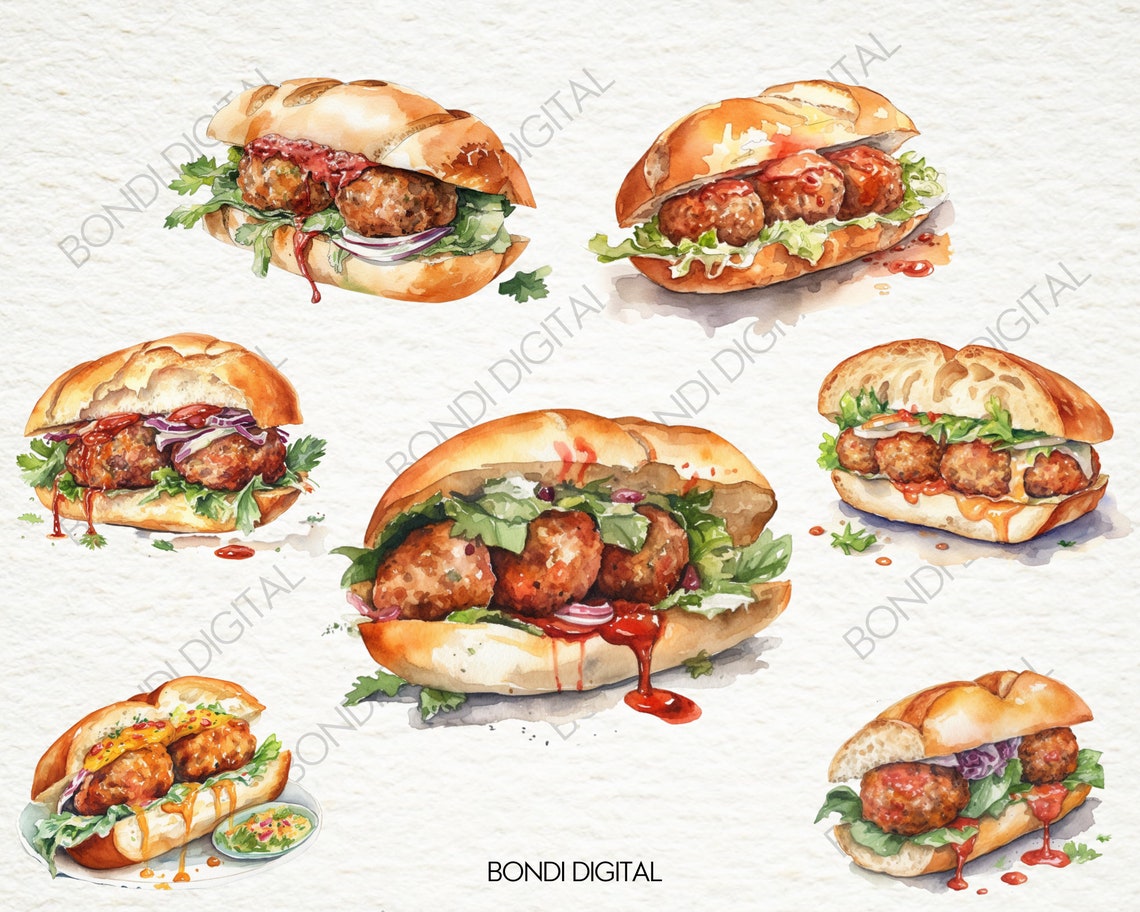 Watercolor Meatball Hero Clipart | PNG Format for Commercial Use ...