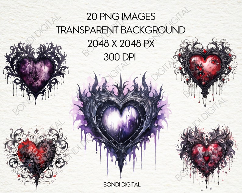 Watercolor Gothic Heart Clipart PNG Format for Commercial Use, Instant ...