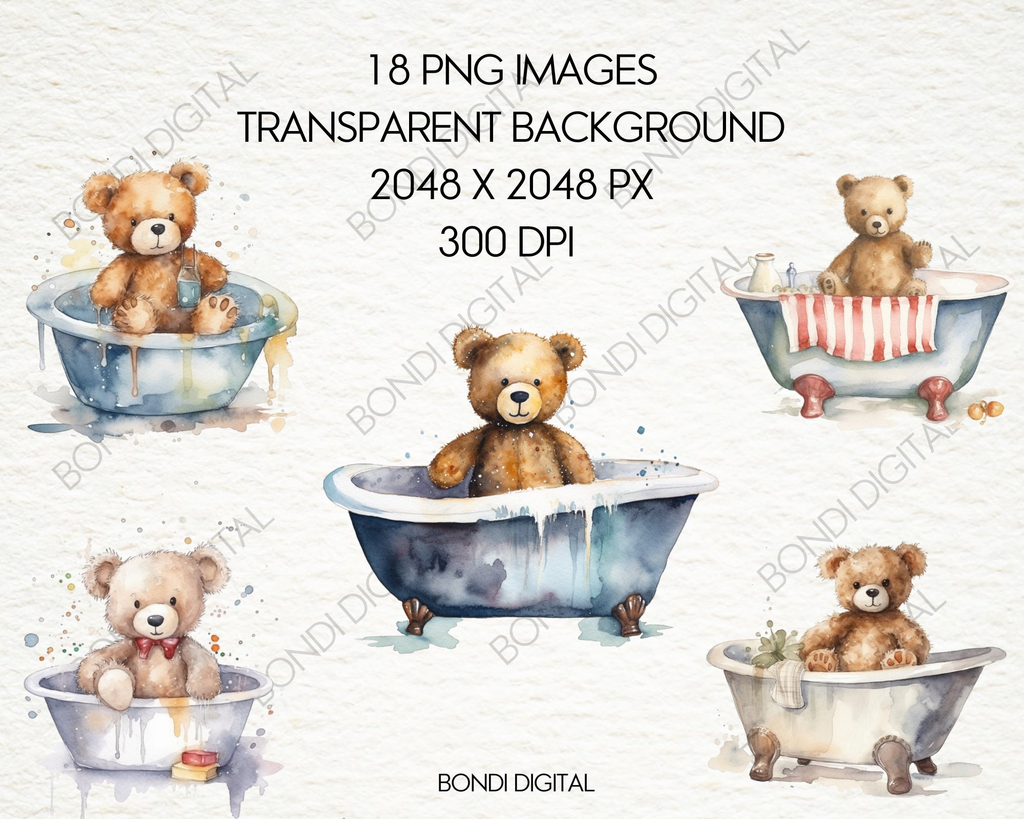 Watercolor Teddy Bear Bathtub Clipart | Bathroom Wall Art | PNG Format ...