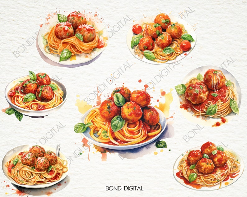 Watercolor Spaghetti and Meatballs Clipart | PNG Format for Commercial ...