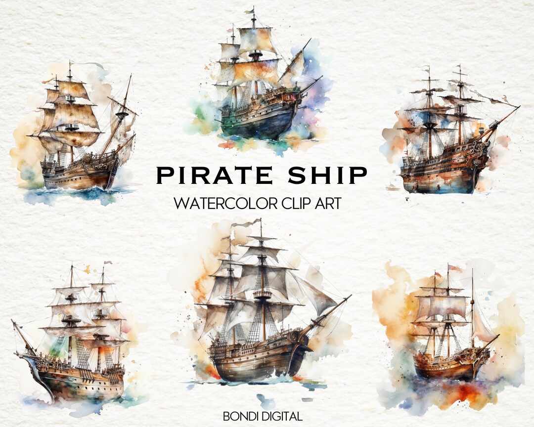 Watercolor Pirate Ship Clipart | PNG Format for Commercial Use, Instant ...