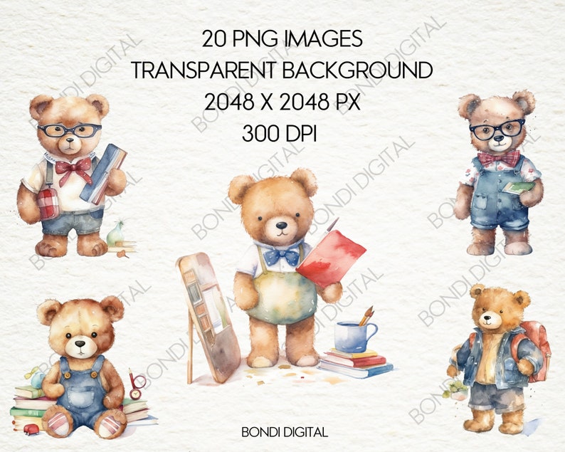 Watercolor Teddy Bear School Clipart | PNG Format for Commercial Use ...