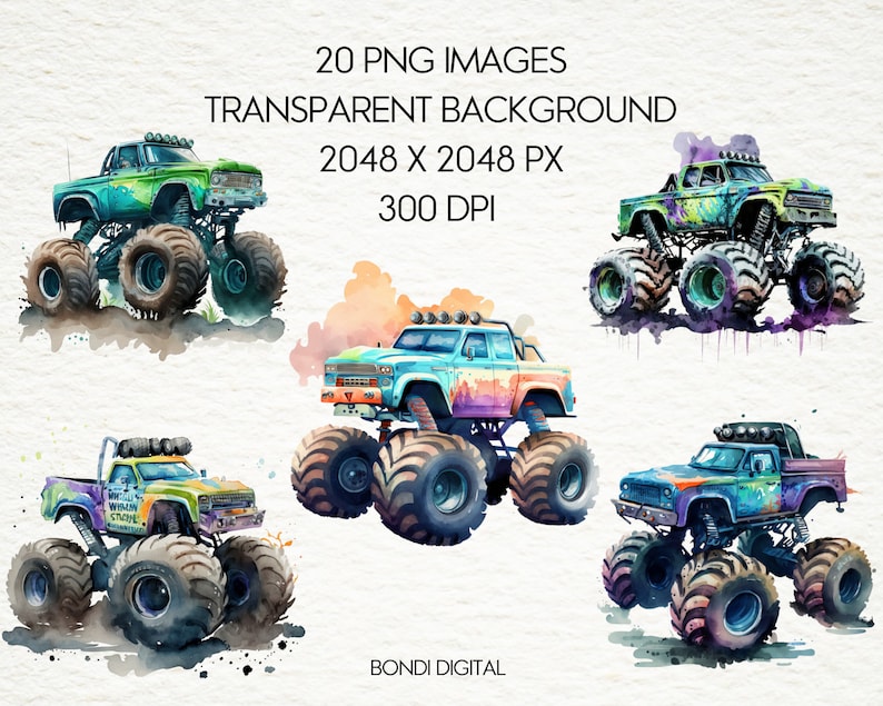 Watercolor Monster Truck Clipart | PNG Format for Commercial Use ...