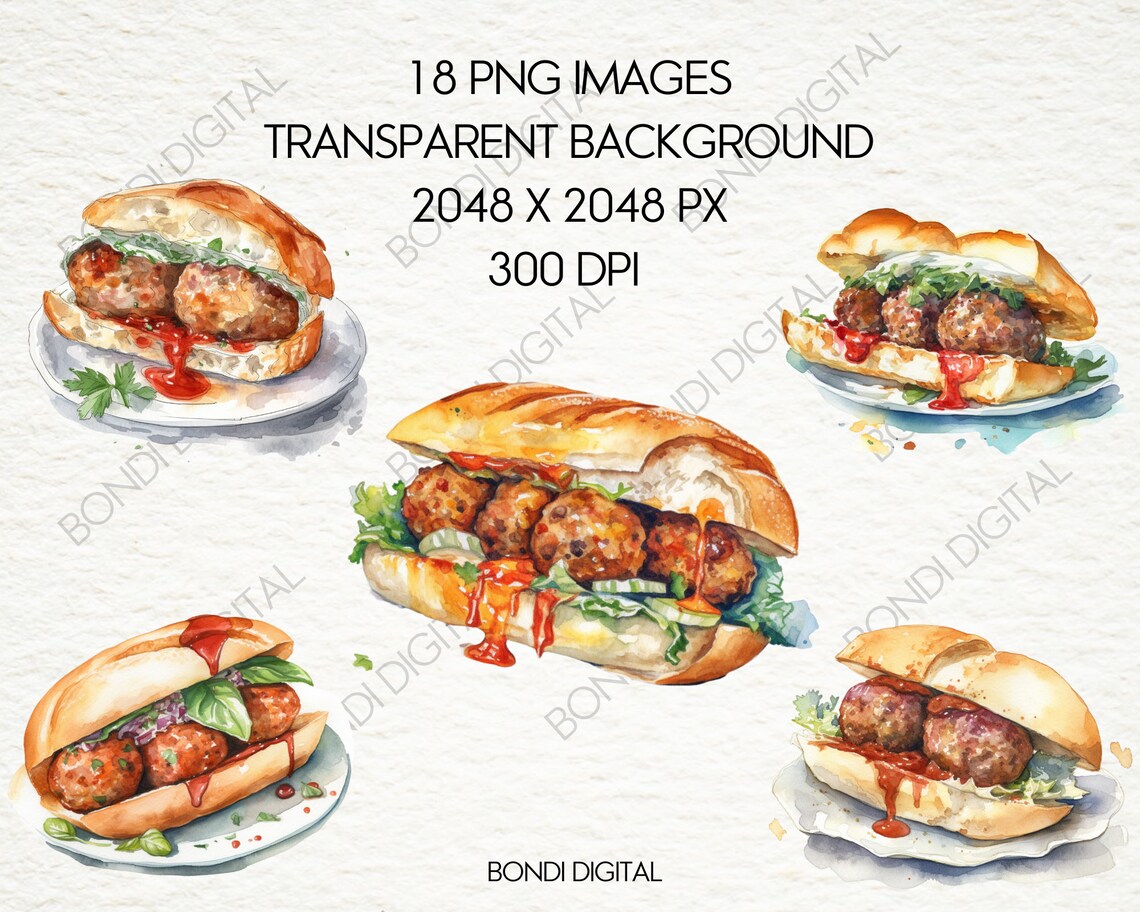 Watercolor Meatball Hero Clipart | PNG Format for Commercial Use ...