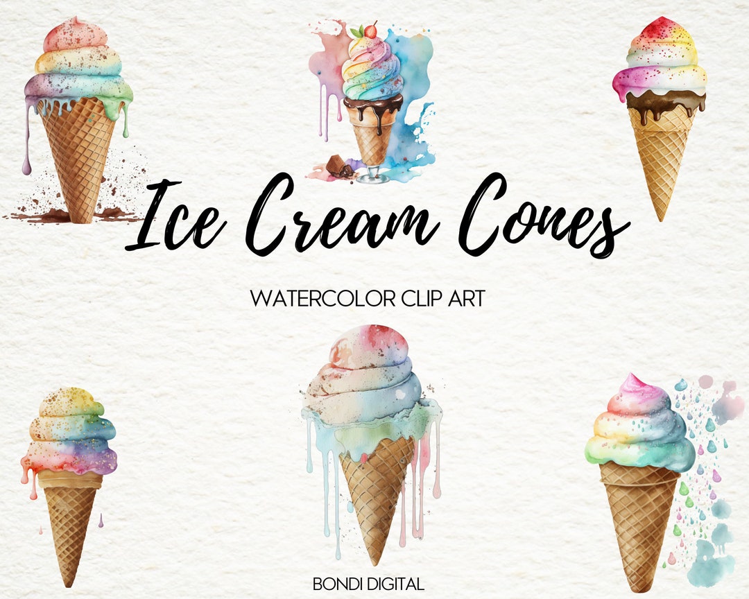 Watercolor Ice Cream Cone Clipart PNG Format for Commercial - Etsy