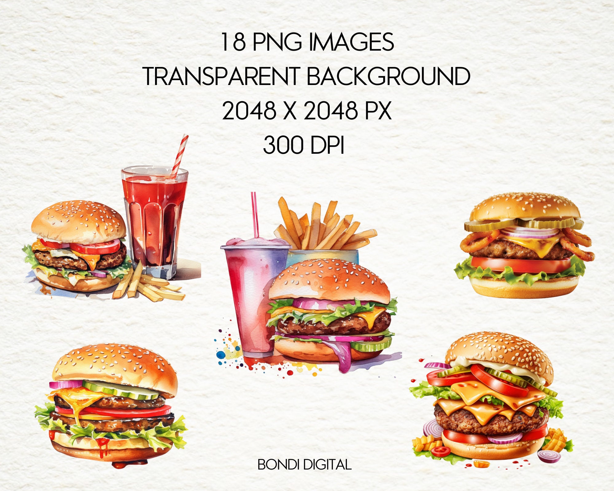 Watercolor Hamburger Clipart - Burger and Fries PNG Format for ...
