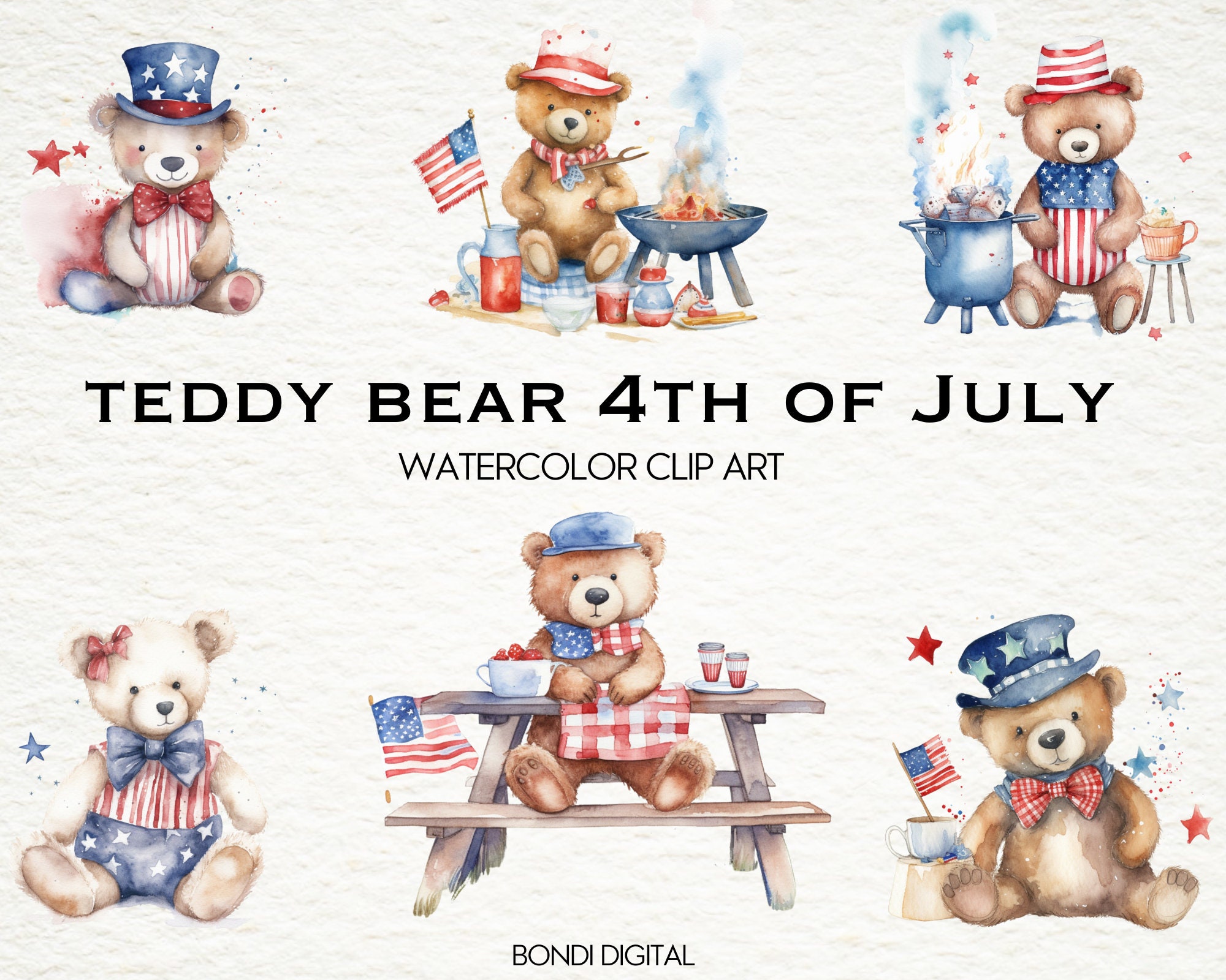 Watercolor Teddy Bear 4th of July Clipart | July 4th Clipart | PNG ...