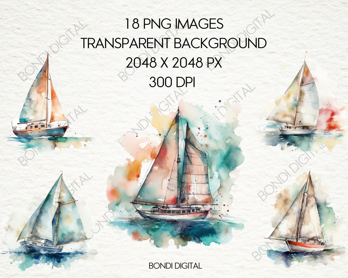 Watercolor Sailboat Clipart Nautical Clipart PNG Format - Etsy