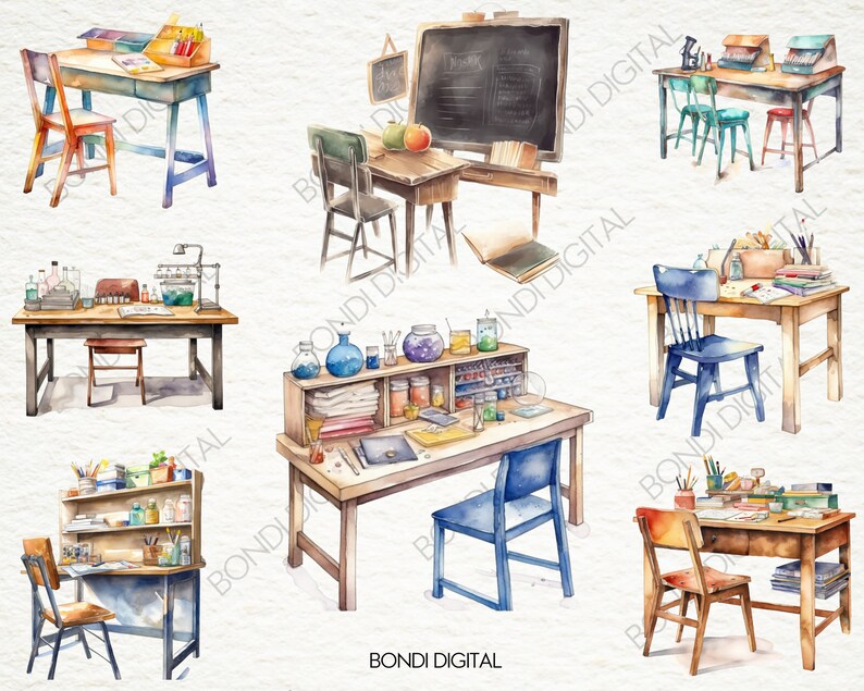 Watercolor Classroom Desk Clipart | PNG Format for Commercial Use ...